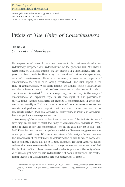 (PDF) Precis of "The Unity of Consciousness"