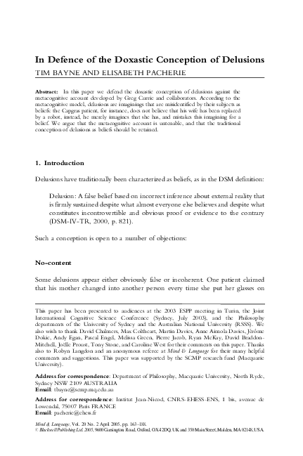 (PDF) In Defence of the Doxastic Account of Delusions