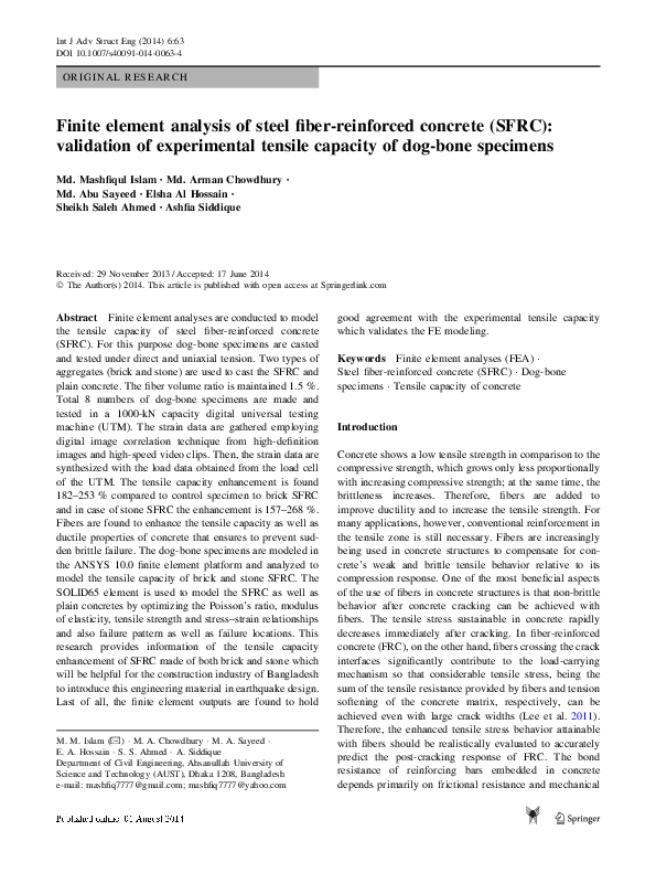 Pdf Finite Element Analysis Of Steel Fiber Reinforced Concrete Sfrc Validation Of