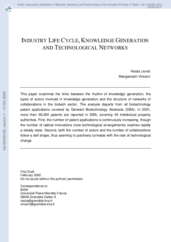 (PDF) Industry Life Cycle, Knowledge Generation and Technological Networks