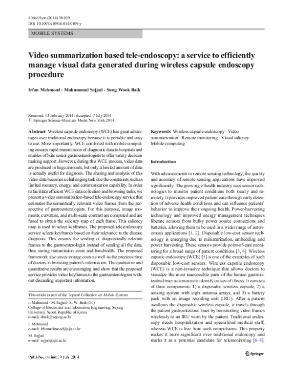Pdf Video Summarization Based Tele Endoscopy A Service To Efficiently Manage Visual Data