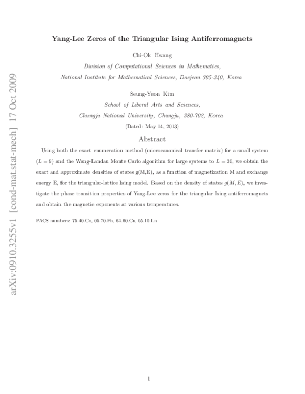 Pdf Yang Lee Zeros Of The Triangular Ising Antiferromagnets Chi Ok