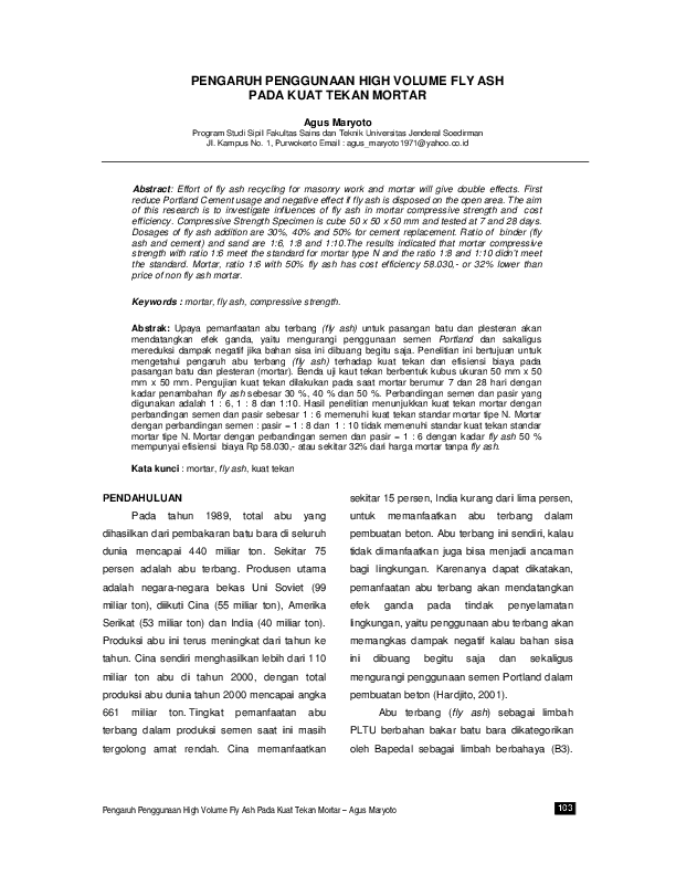 (PDF) Pengaruh Penggunaan High Volume Fly Ash Pada Kuat Tekan Mortar – Agus Maryoto PENGARUH ...