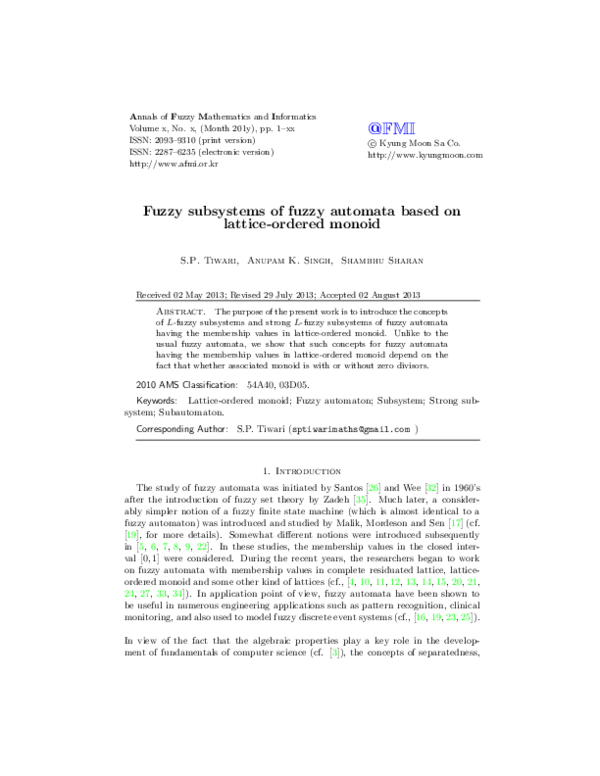 Pdf Fuzzy Subsystems Of Fuzzy Automata Based On Lattice Ordered Monoid