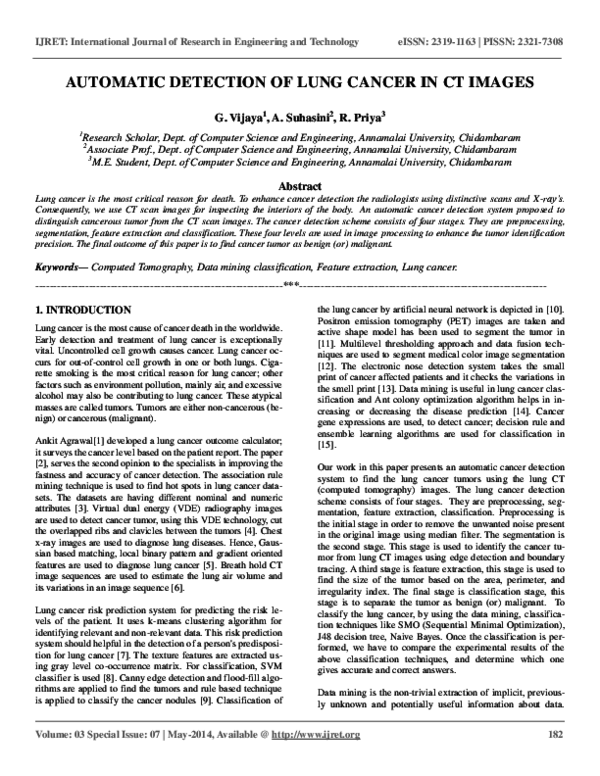 Pdf Automatic Detection Of Lung Cancer In Ct Images