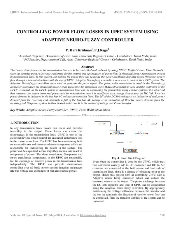 Pdf Controlling Power Flow Losses In Upfc System Using Adaptive Neuro Fuzzy Controller