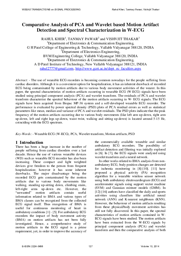 Pdf Comparative Analysis Of Pca And Wavelet Based Motion Artifact Detection And Spectral
