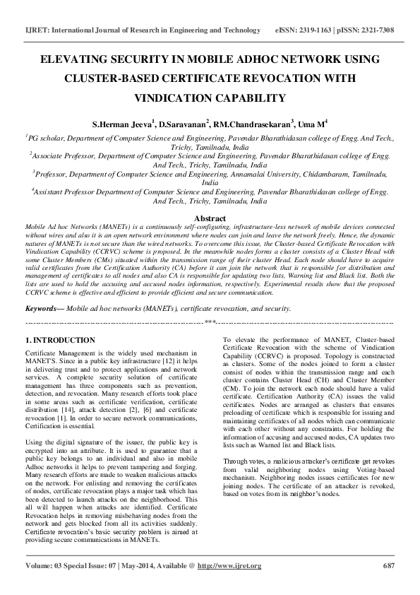 Pdf Elevating Security In Mobile Adhoc Network Using Cluster Based Certificate Revocation With