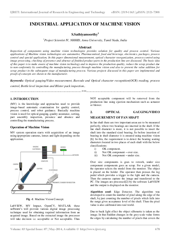 (PDF) INDUSTRIAL APPLICATION OF MACHINE VISION