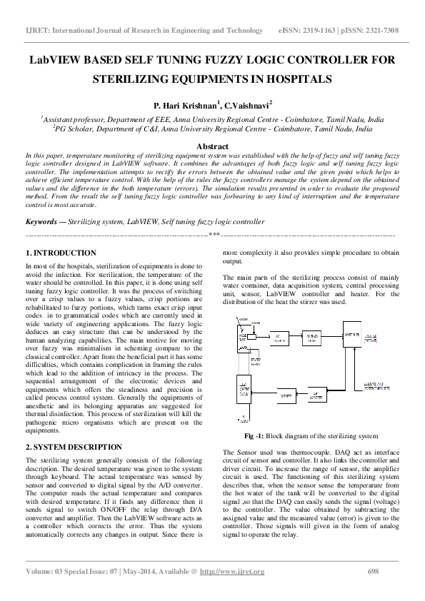 Pdf Labview Based Self Tuning Fuzzy Logic Controller For Sterilizing Equipments In Hospitals 