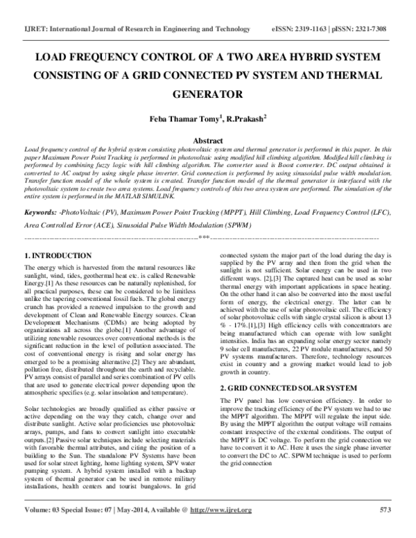 Pdf Load Frequency Control Of A Two Area Hybrid System Consisting Of A Grid Connected Pv