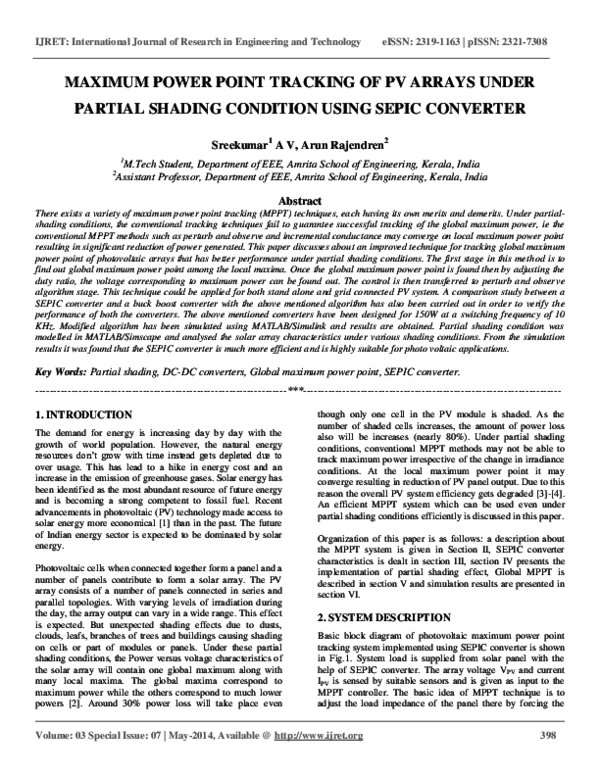 Pdf Maximum Power Point Tracking Of Pv Arrays Under Partial Shading Condition Using Sepic 