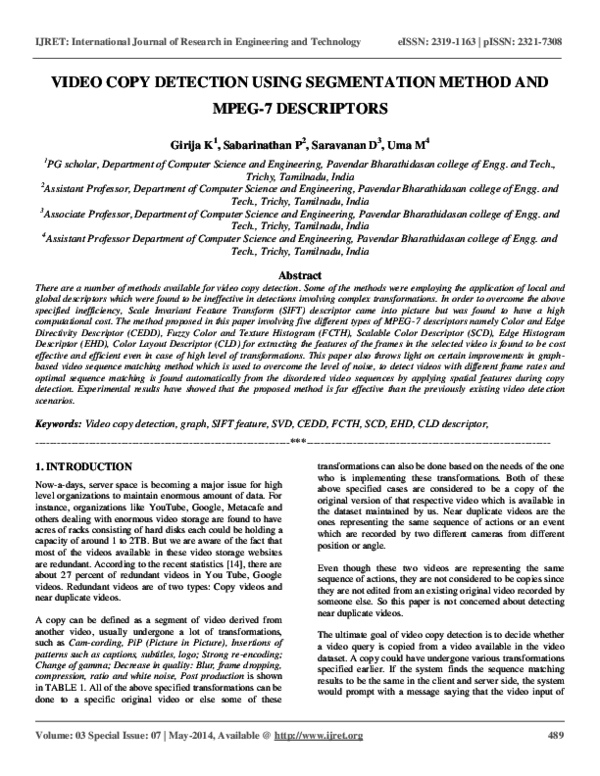 Pdf Video Copy Detection Using Segmentation Method And Mpeg 7 Descriptors
