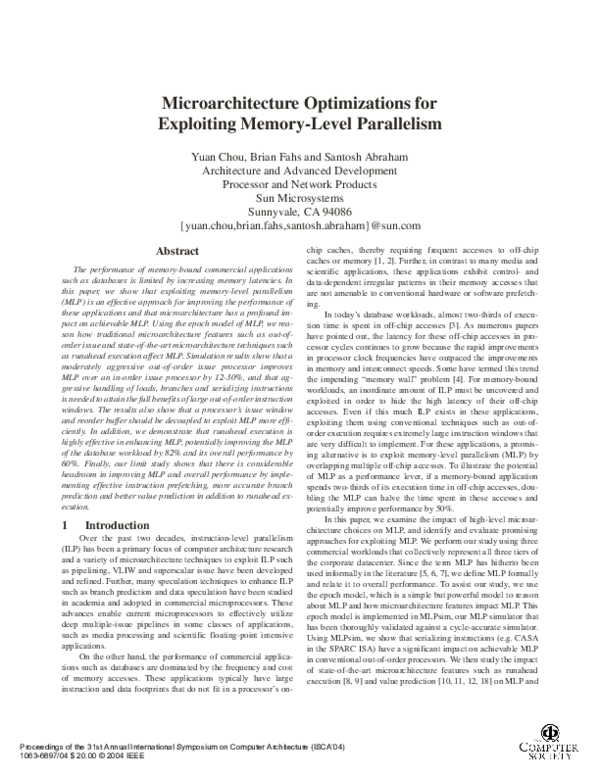 (PDF) Microarchitecture Optimizations for Exploiting Memory-Level Parallelism | yuan chou ...
