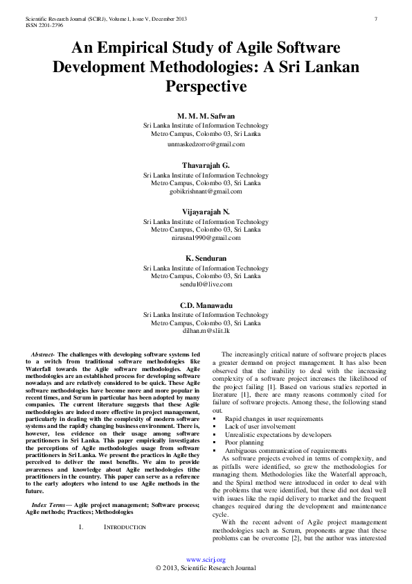 (PDF) An Empirical Study of Agile Software Development Methodologies: A Sri Lankan Perspective