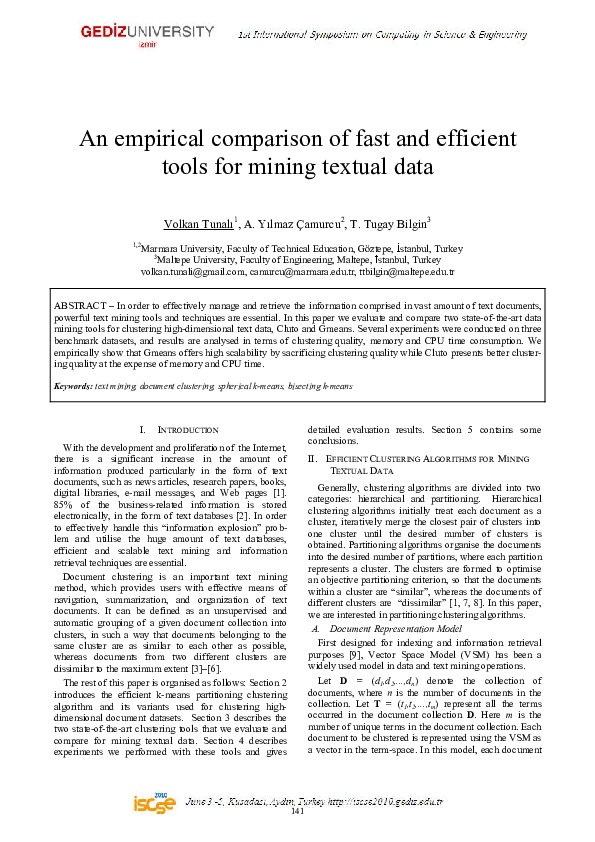 Pdf An Empirical Comparison Of Fast And Efficient Tools For Mining Textual Data