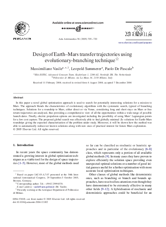 (PDF) Design of Earth-Mars Transfer Trajectories Using Evolutionary ...