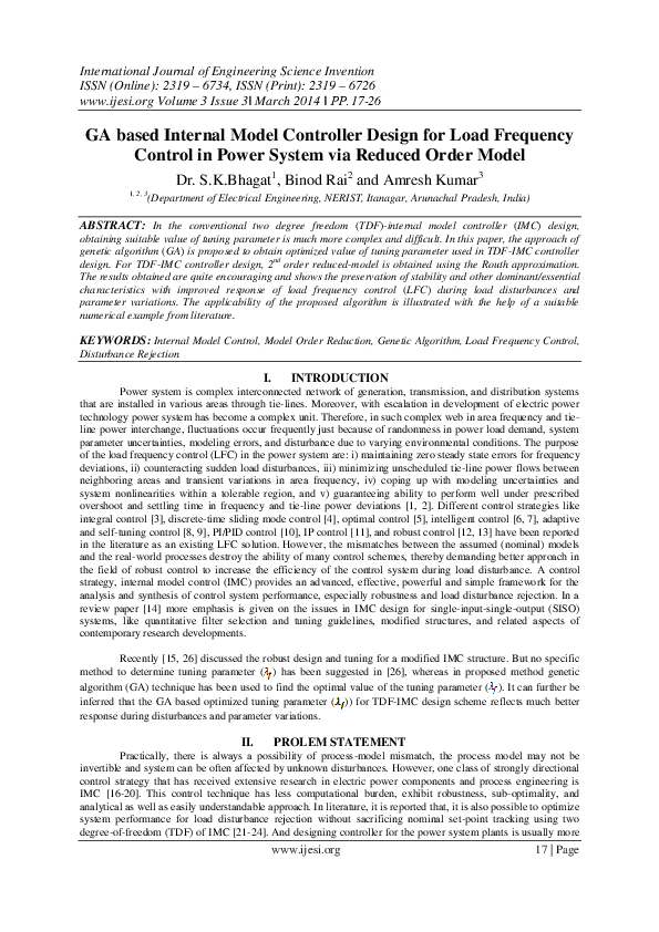 Pdf Ga Based Internal Model Controller Design For Load Frequency Control In Power System Via