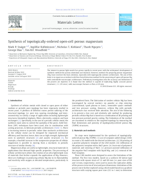 (PDF) Synthesis of topologically-ordered open-cell porous magnesium