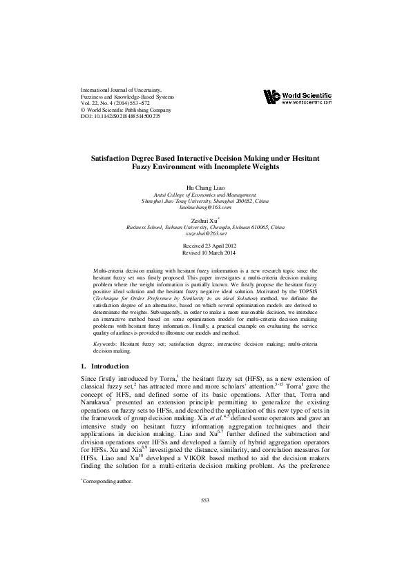 Pdf Satisfaction Degree Based Interactive Decision Making Method Under Hesitant Fuzzy