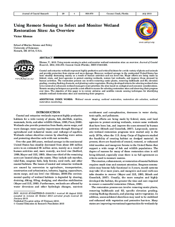 (PDF) Using Remote Sensing to Select and Monitor Wetland Restoration ...