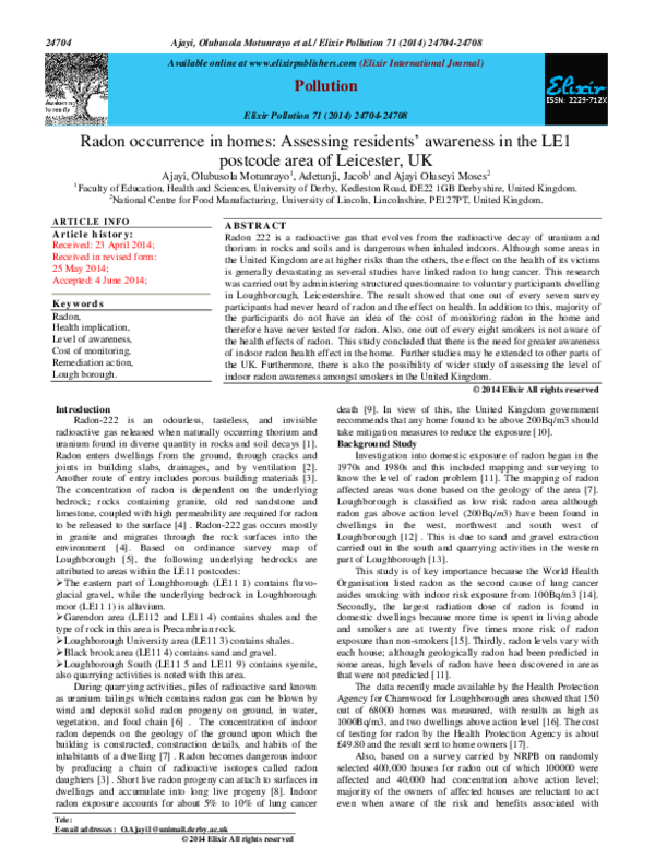 (PDF) Radon occurrence in homes: Assessing residents’ awareness in the ...