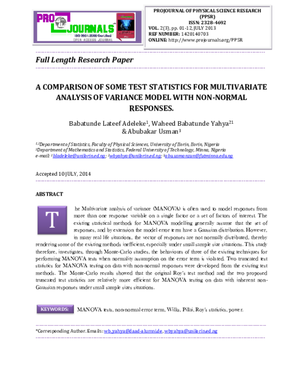 (PDF) A Comparison of Some Test Statistics for Multivariate Analysis of ...