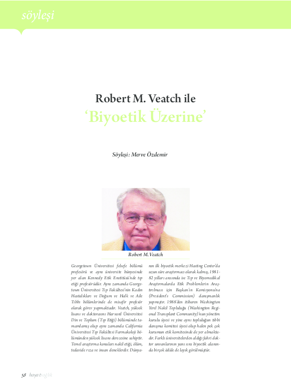 (PDF) “Robert M. Veatch ile Biyoetik Üzerine”, Hayat Sağlık: Sağlık ve ...