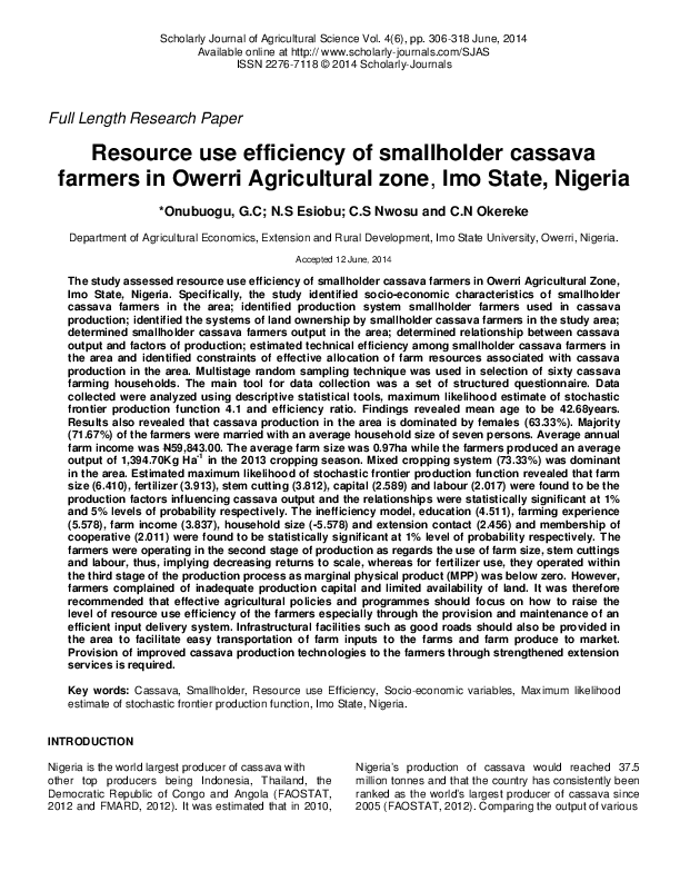 Pdf Resource Use Efficiency Of Smallholder Cassava