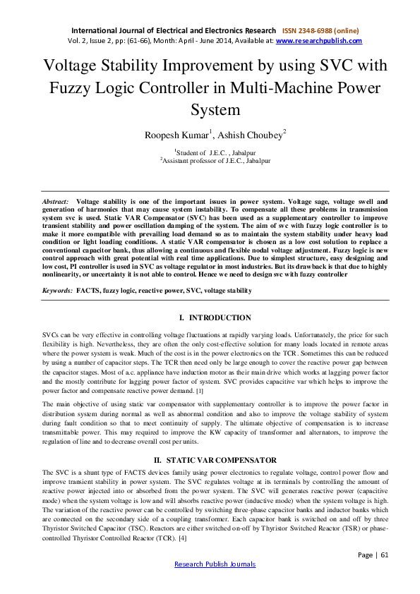 (PDF) Voltage Stability Improvement by using SVC with Fuzzy Logic Controller in Multi-Machine ...