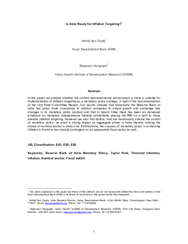 Pdf Inflation Targeting In India Altamash Aiman