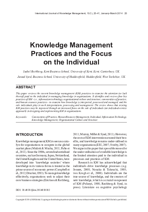(PDF) Knowledge management practices and the focus on the individual