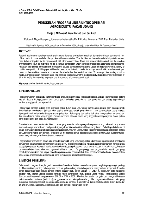(PDF) PEMODELAN PROGRAM LINIER UNTUK OPTIMASI AGROINDUSTRI PAKAN UDANG
