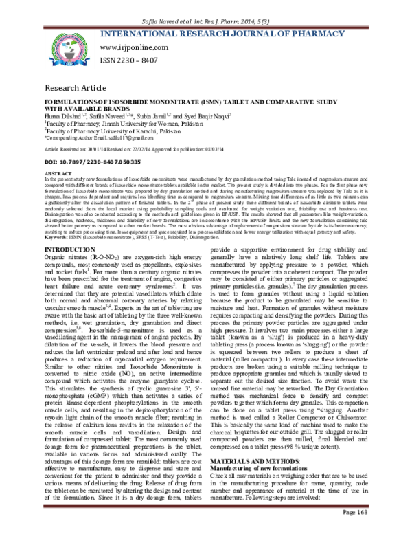 (PDF) FORMULATIONS OF ISOSORBIDE MONONITRATE (ISMN) TABLET AND ...