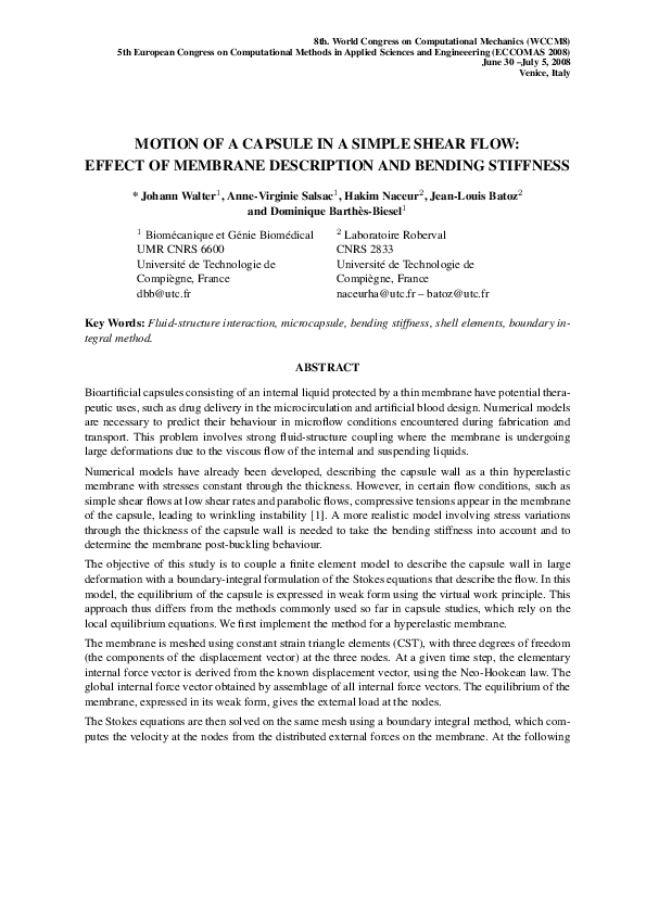 (PDF) MOTION OF A CAPSULE IN A SIMPLE SHEAR FLOW: EFFECT OF MEMBRANE ...