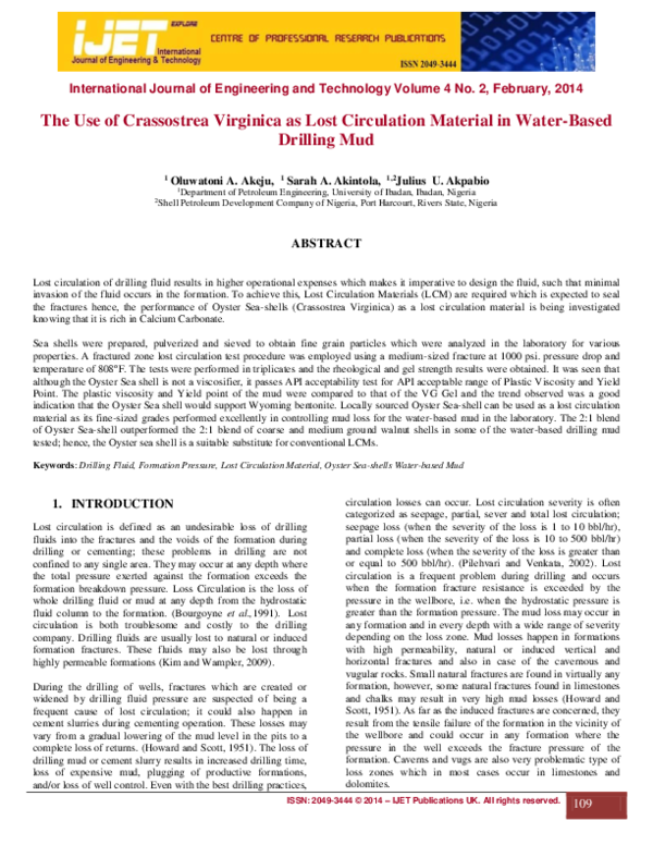 (PDF) The Use of Crassostrea Virginica as Lost Circulation Material in Water-Based Drilling Mud