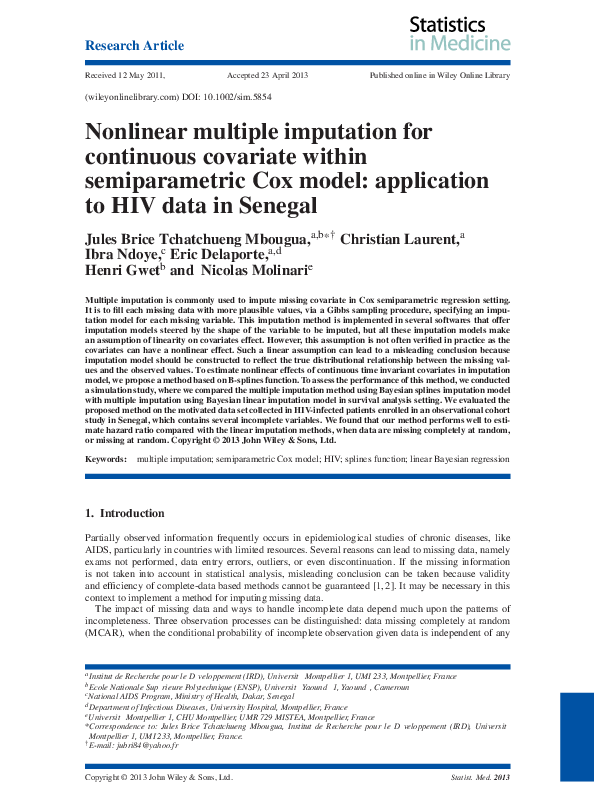 (PDF) Nonlinear multiple imputation for continuous covariate within semiparametric Cox model ...