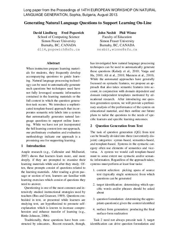 Pdf Generating Natural Language Questions To Support Learning On Line