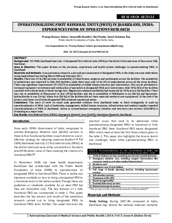 (PDF) Operationalizing first referral units (FRUs) in Jharkhand, India ...