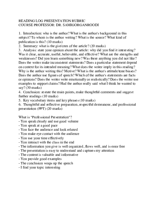 (PDF) Reading Log Presentation Rubric
