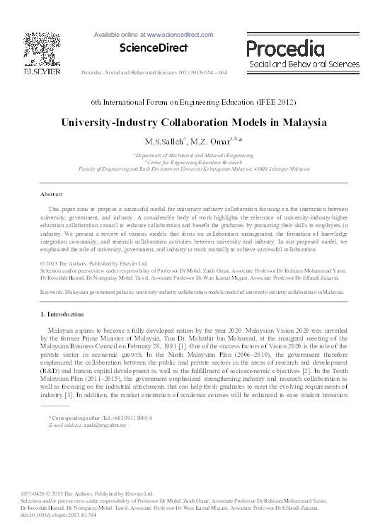 (PDF) University-industry Collaboration Models in Malaysia