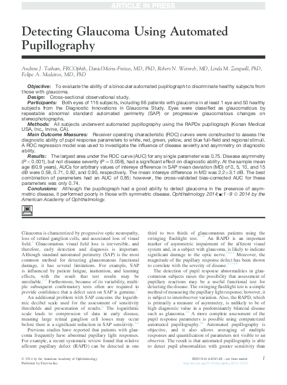 (PDF) Detecting Glaucoma Using Automated Pupillography