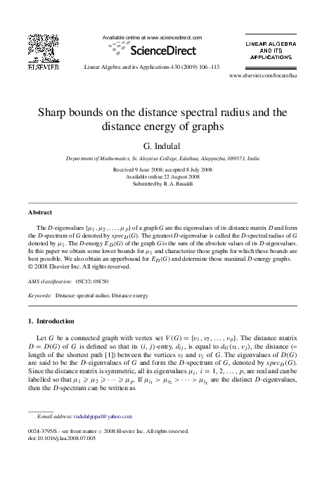 (PDF) Sharp bounds on the distance spectral radius and energy of graphs
