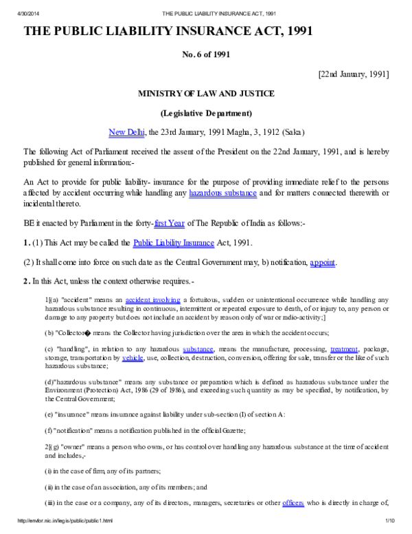 (PDF) THE PUBLIC LIABILITY INSURANCE ACT, 1991