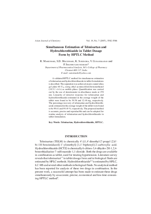 Pdf Simultaneous Estimation Of Telmisartan And Hydrochlorothiazide In Tablet Dosage Form By