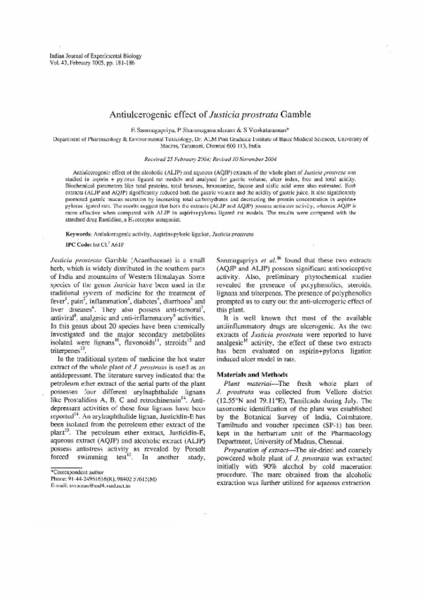 (PDF) Antiulcerogenic effect of Justicia prostrata Gamble. E ...