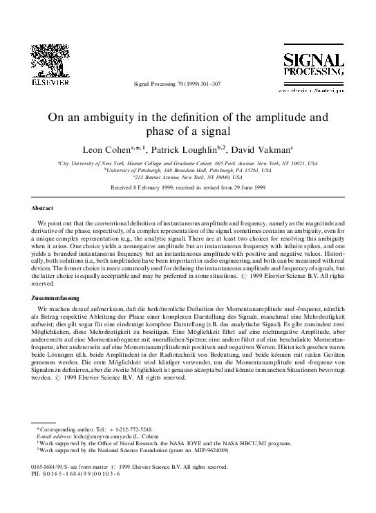 (PDF) On An Ambiguity In the Definition of the Amplitude and Phase of a ...