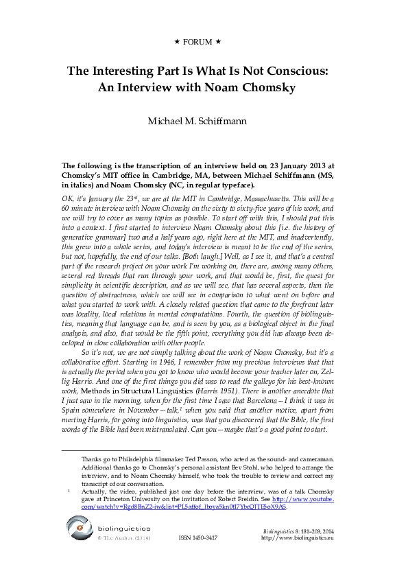 (PDF) Schiffmann (2014) - The Interesting Part Is What Is Not Conscious - Interview with Noam ...