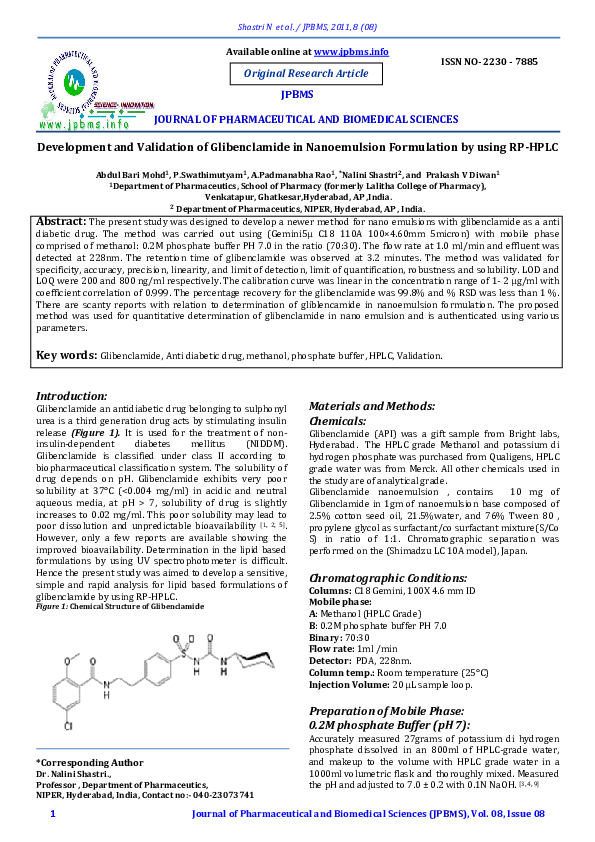Pdf Development And Validation Of Glibenclamide In Nanoemulsion Formulation By Using Rp Hplc