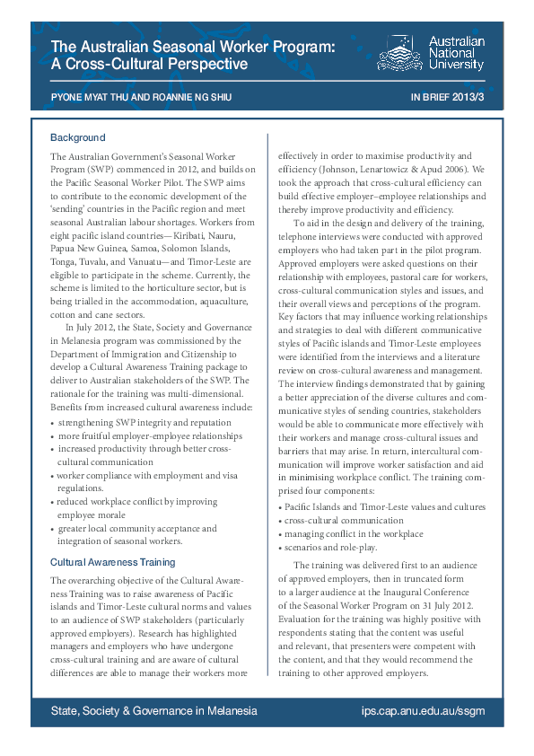 (PDF) The Australian Seasonal Workers Program: A Cross-Cultural Perspective